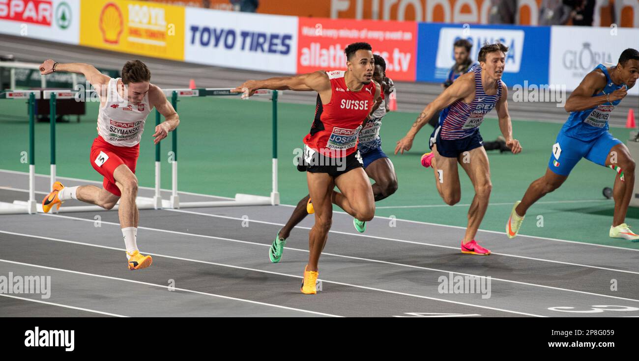 Jason Joseph of Switzerland on his way to winning the men’s 60m hurdles ...