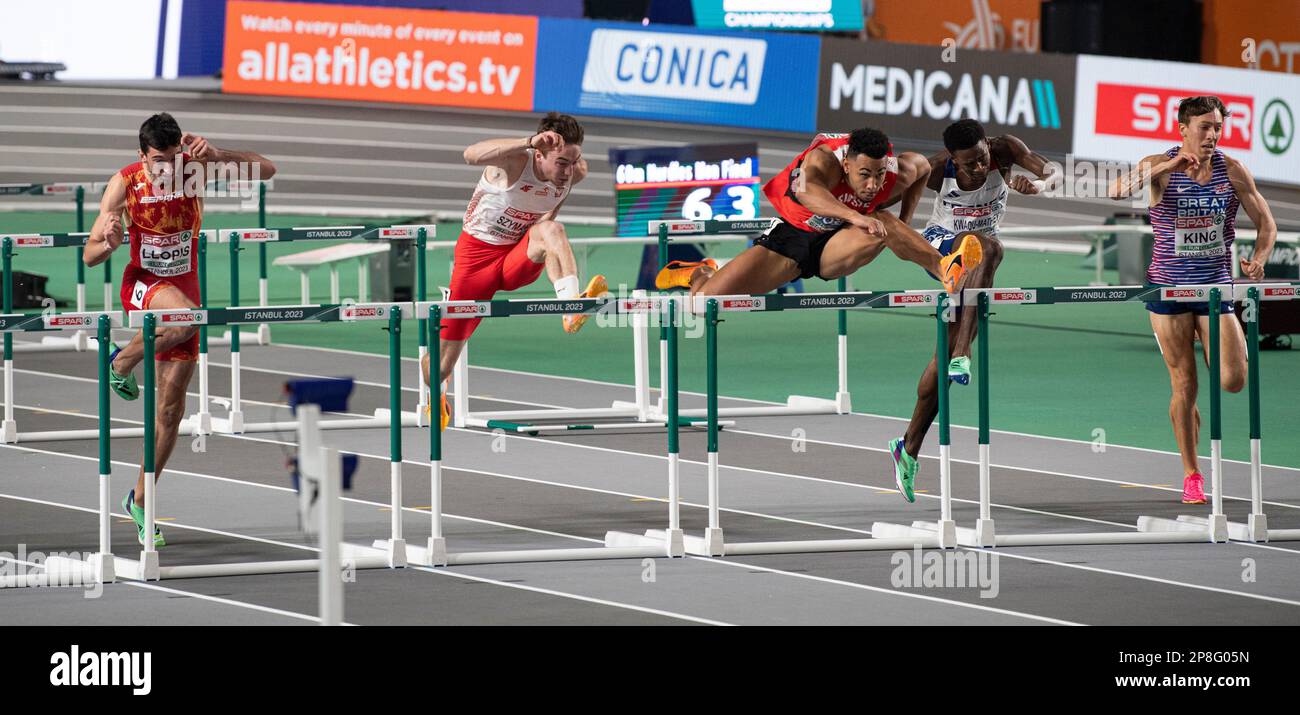 Jason Joseph of Switzerland on his way to winning the men’s 60m hurdles ...