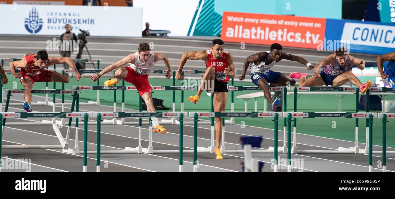 Jason Joseph of Switzerland on his way to winning the men’s 60m hurdles ...