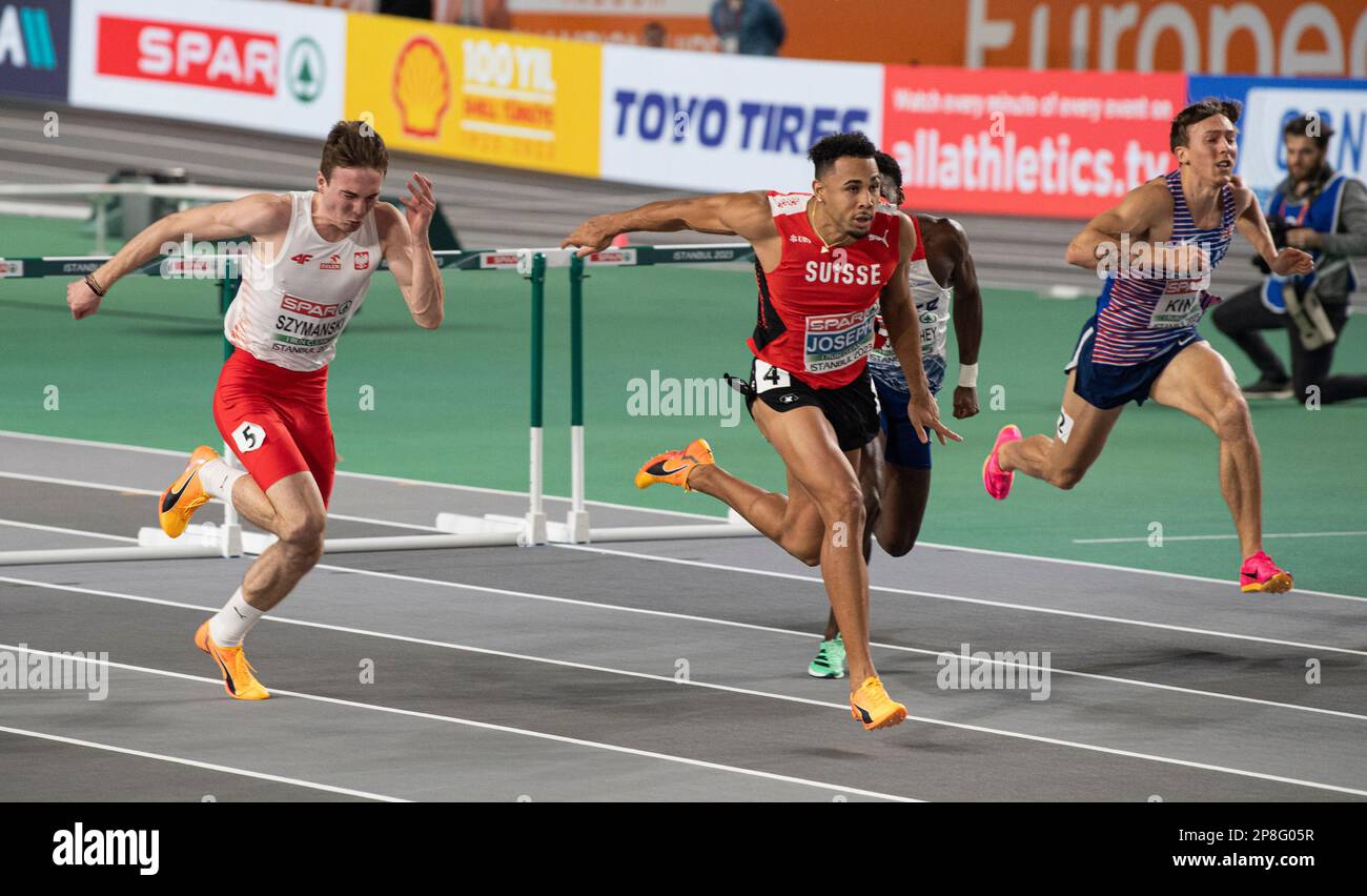 Jason Joseph of Switzerland on his way to winning the men’s 60m hurdles ...
