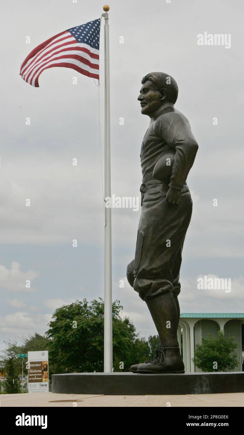 A bronze statue of Jim Thorpe is on display at the new site of the ...