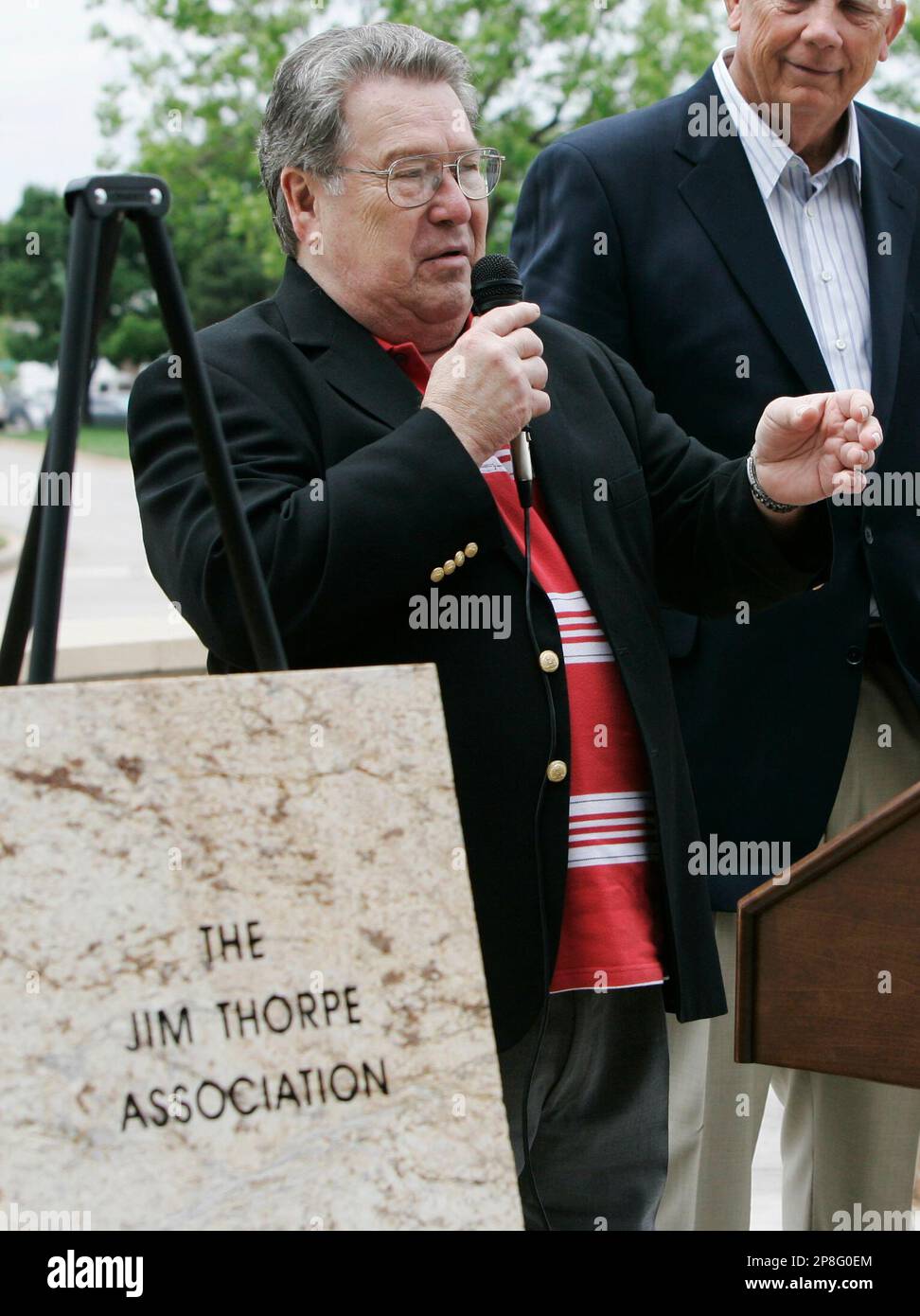 Jack Thorpe speaks during ceremonies for the unveiling of a bronze ...