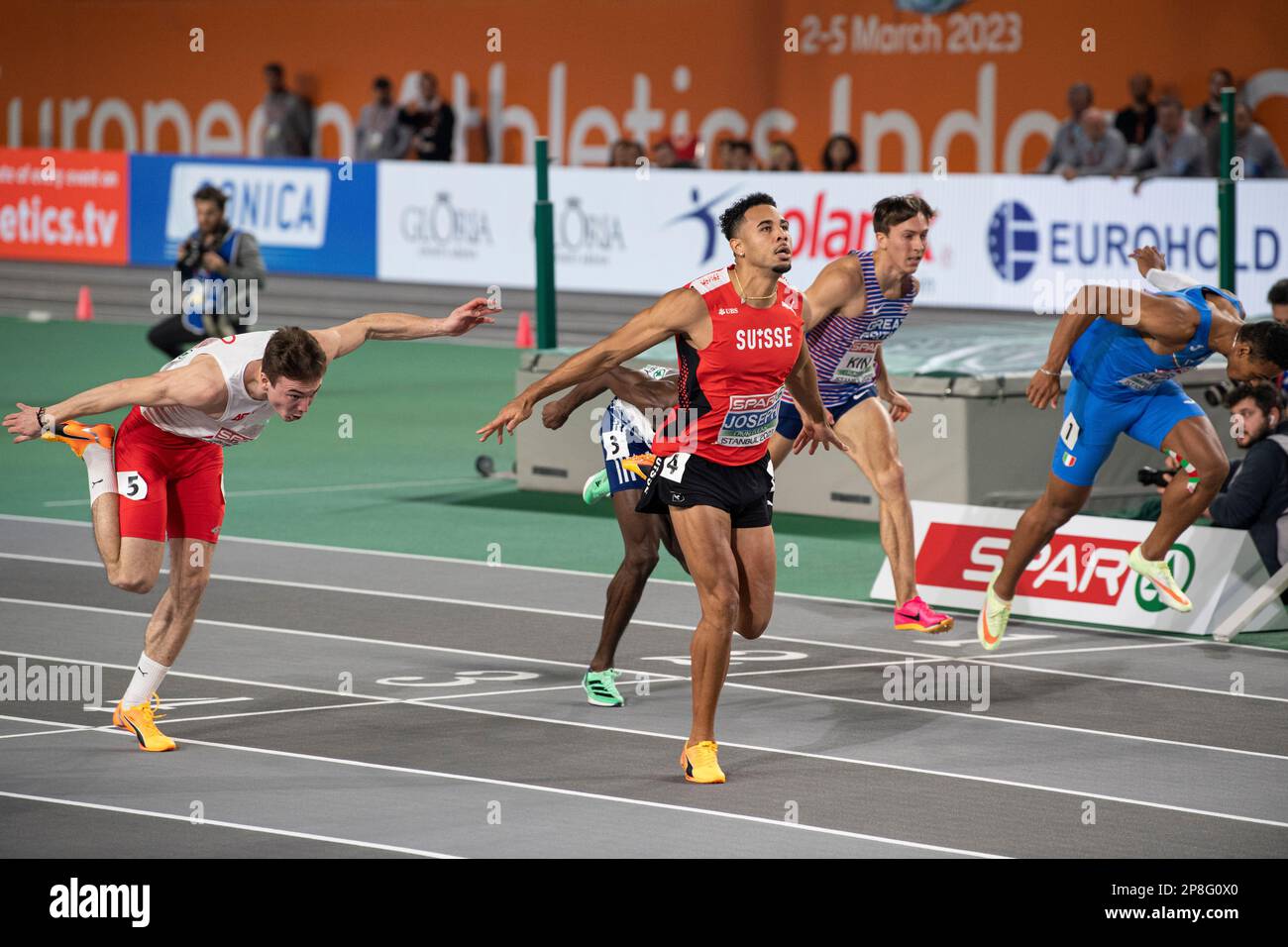 Jason Joseph of Switzerland on his way to winning the men’s 60m hurdles ...