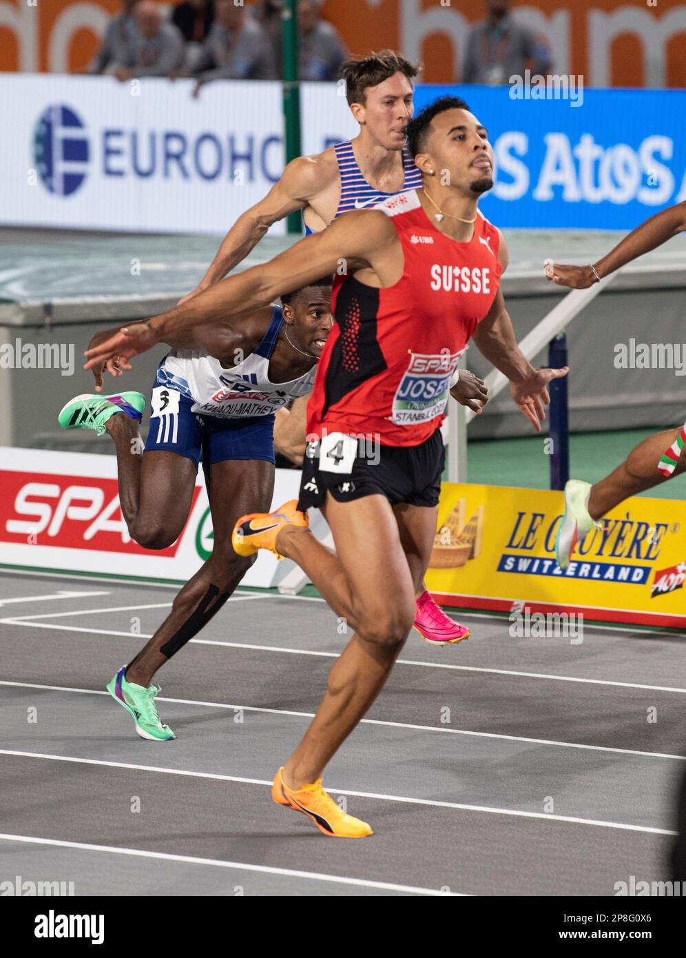Jason Joseph of Switzerland on his way to winning the men’s 60m hurdles ...