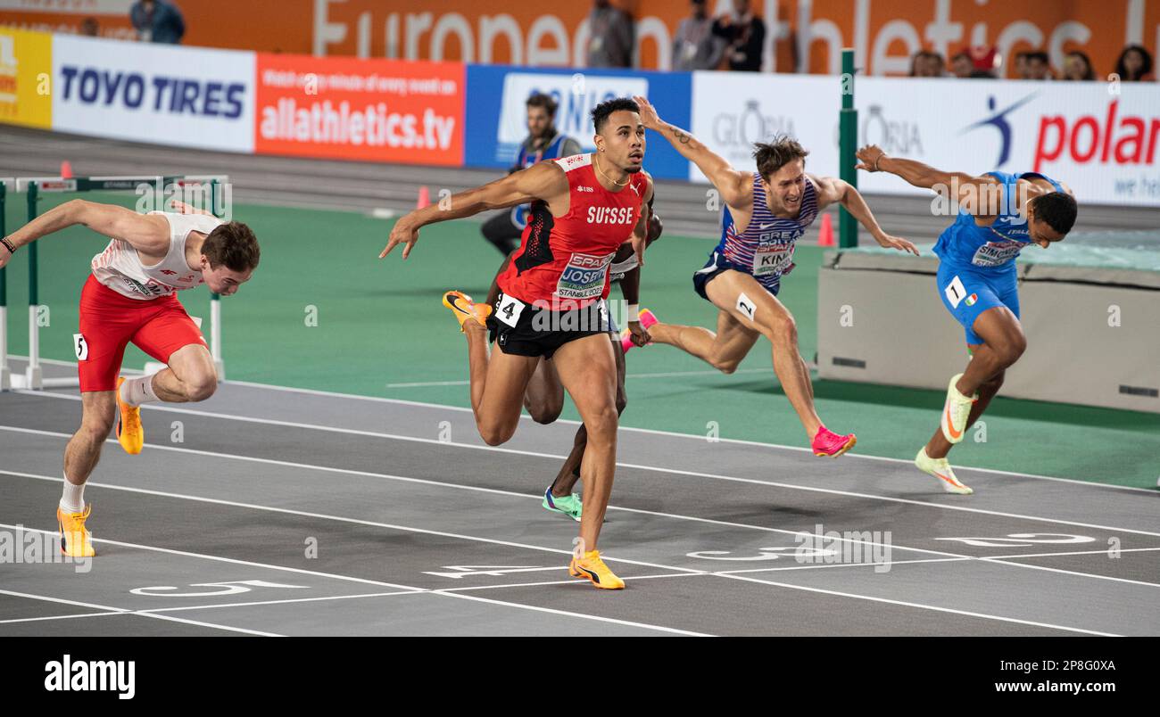 Jason Joseph of Switzerland on his way to winning the men’s 60m hurdles ...
