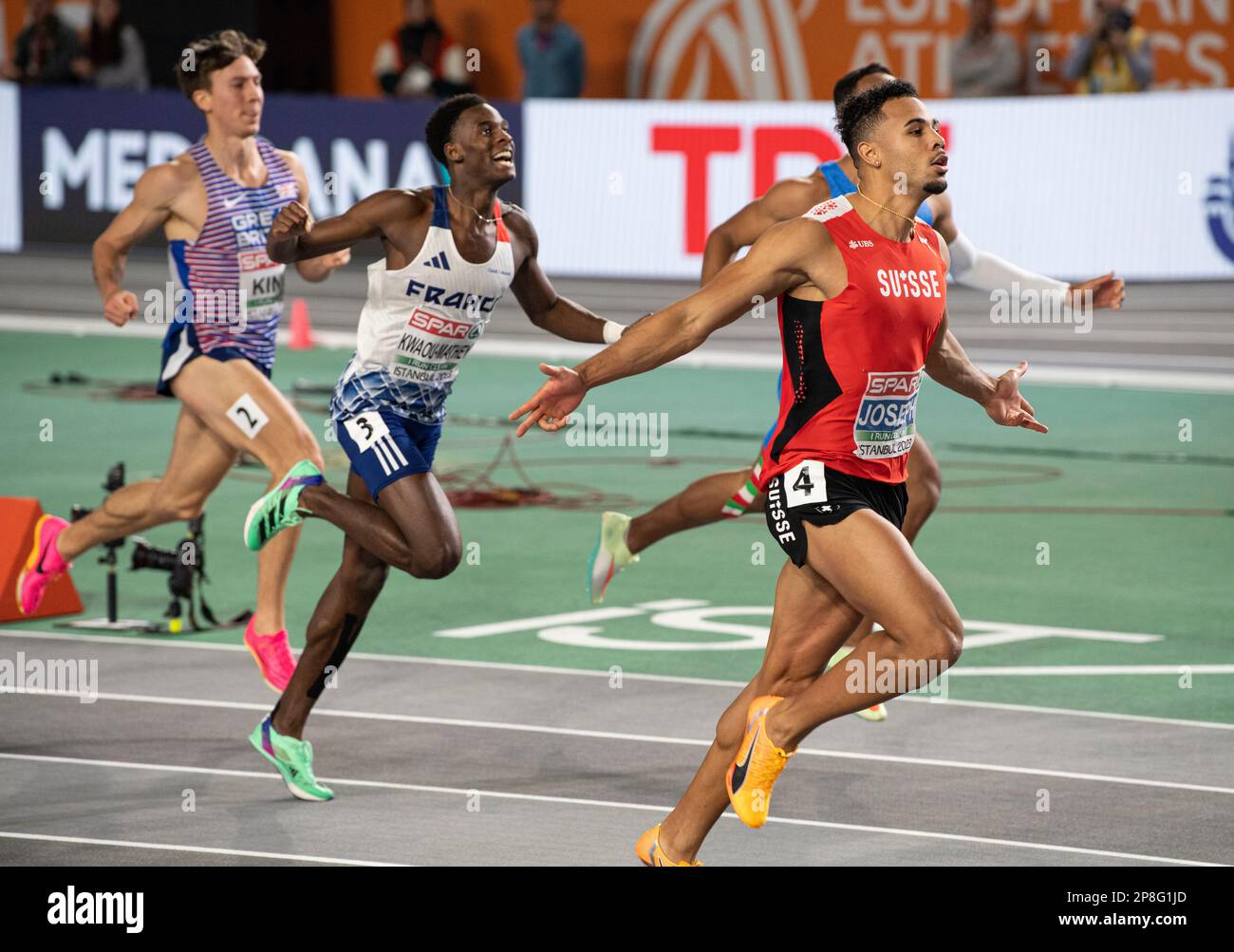 Jason Joseph of Switzerland on his way to winning the men’s 60m hurdles ...