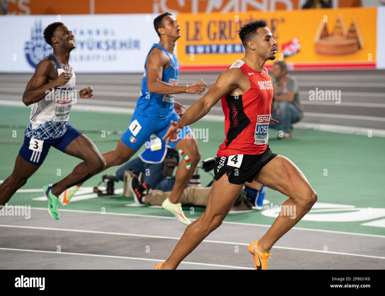 Jason Joseph of Switzerland on his way to winning the men’s 60m hurdles ...