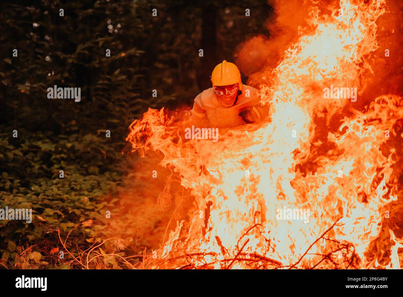 firefighter hero in action danger jumping over fire flame to rescue and ...
