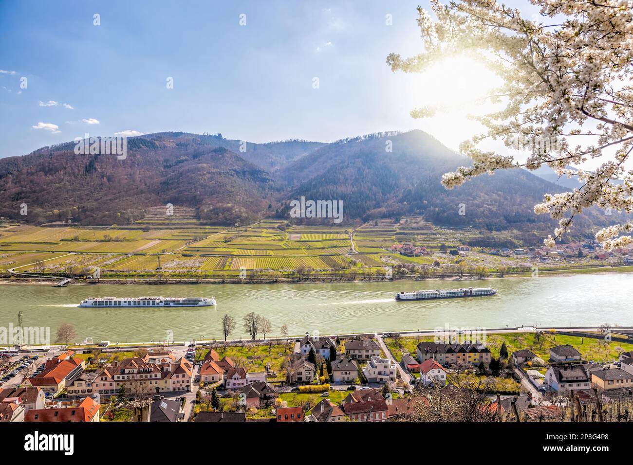 Spitz village with ships on Danube river in Wachau valley (UNESCO ...