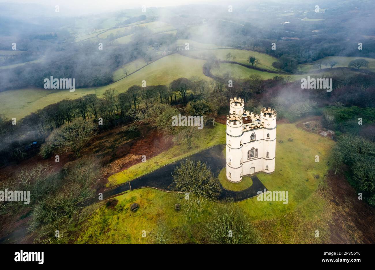 Misty morning over Haldon Belvedere from a drone, Lawrence Castle ...
