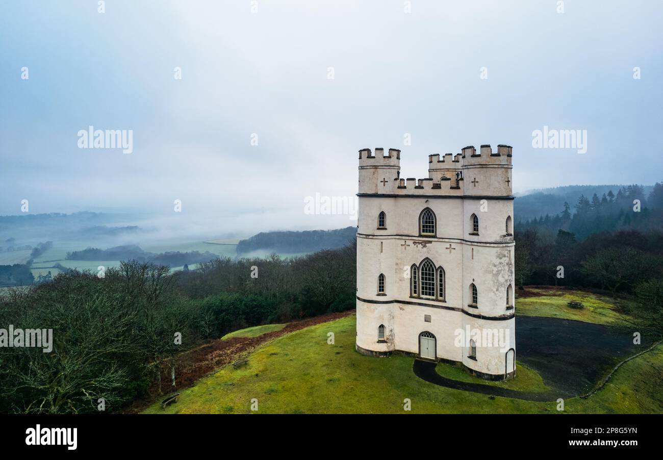 Misty morning over Haldon Belvedere from a drone, Lawrence Castle ...