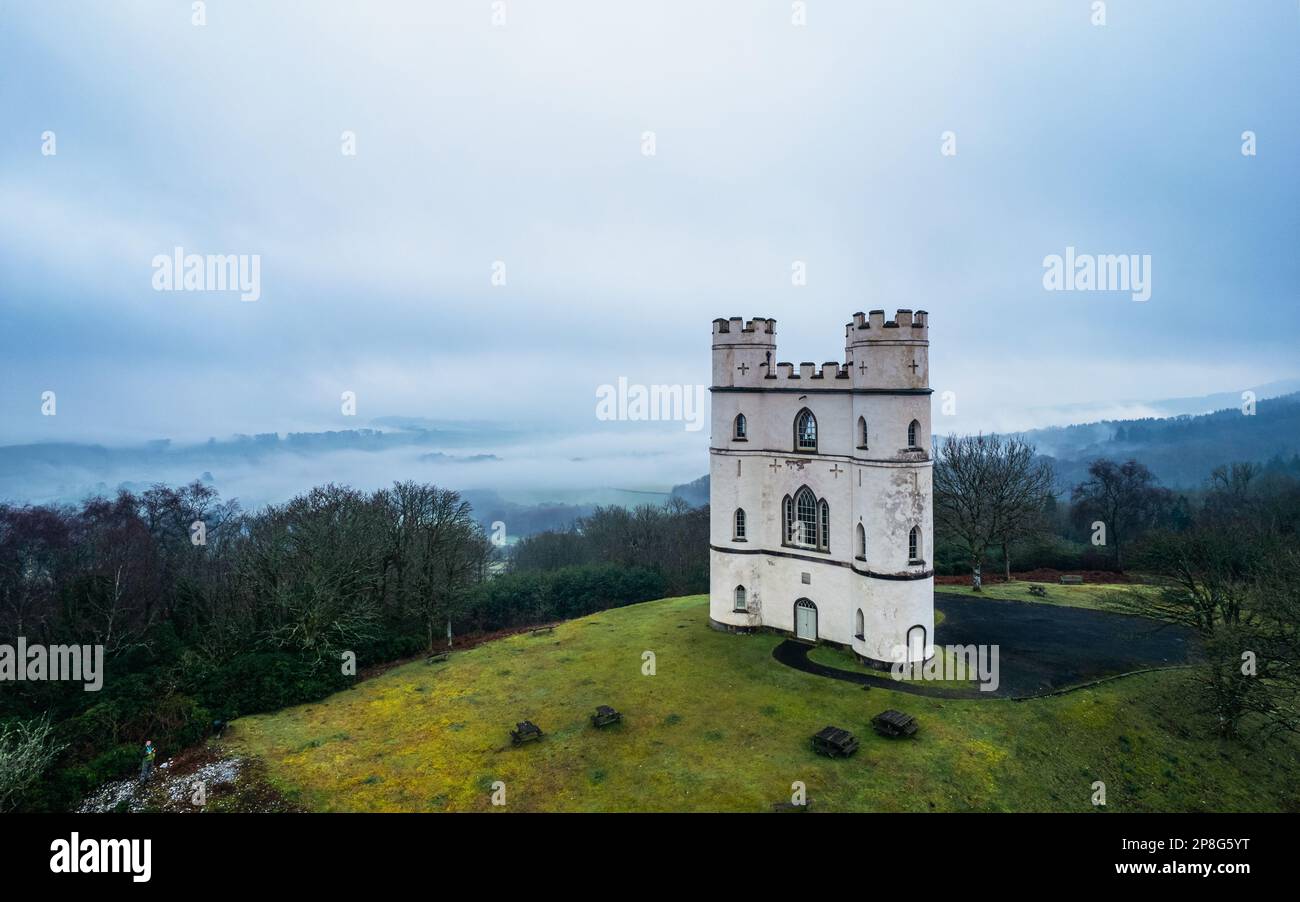 Misty morning over Haldon Belvedere from a drone, Lawrence Castle ...