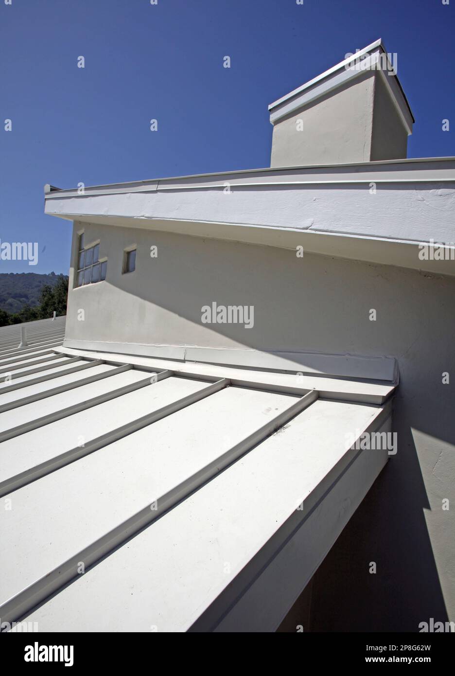 A metal roof with fire-resistant underlayment, and eaves boxed in with ...