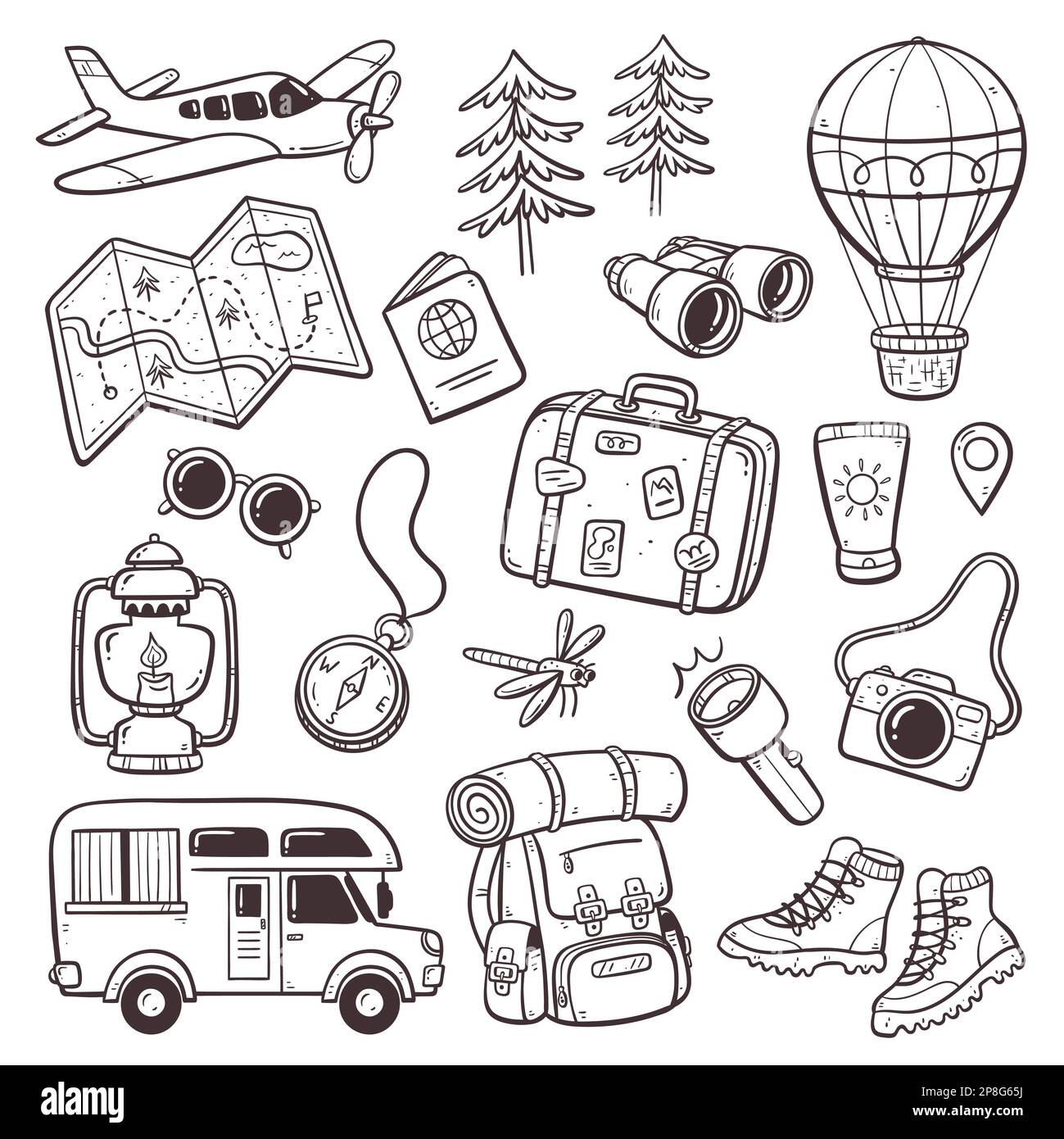Explore and travel doodle collection. Wanderlust and outdoor activities ...