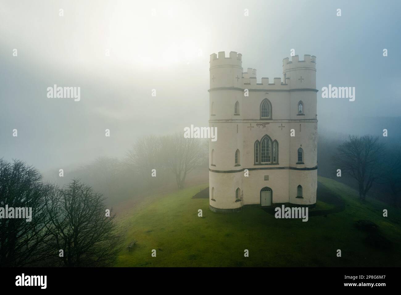 Misty morning over Haldon Belvedere from a drone, Lawrence Castle ...