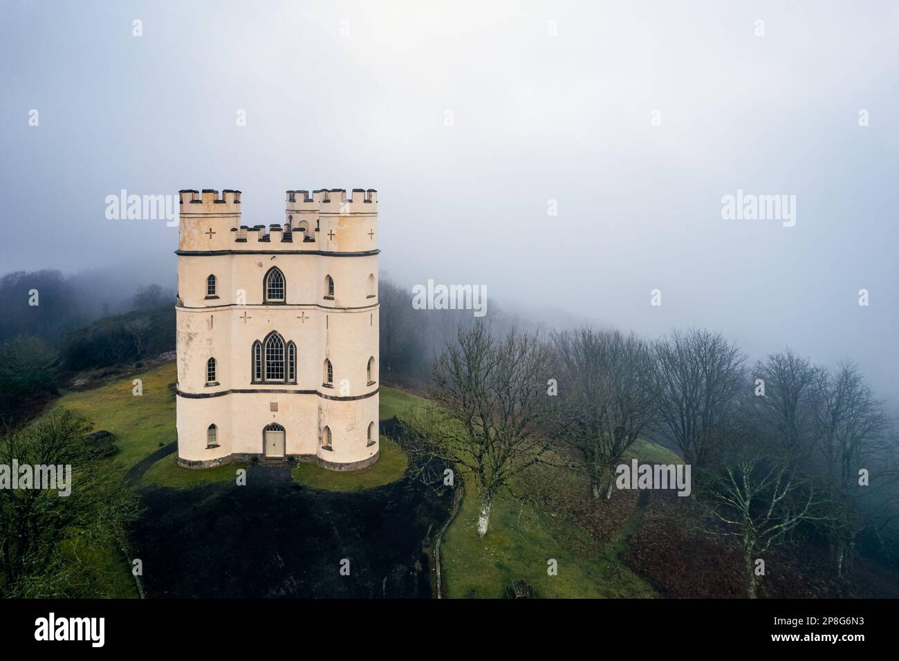 Misty morning over Haldon Belvedere from a drone, Lawrence Castle ...