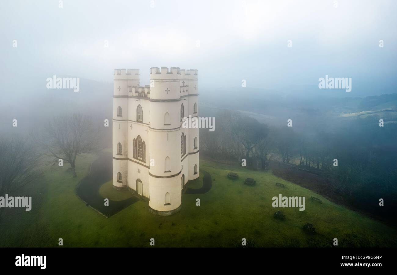 Misty morning over Haldon Belvedere from a drone, Lawrence Castle ...