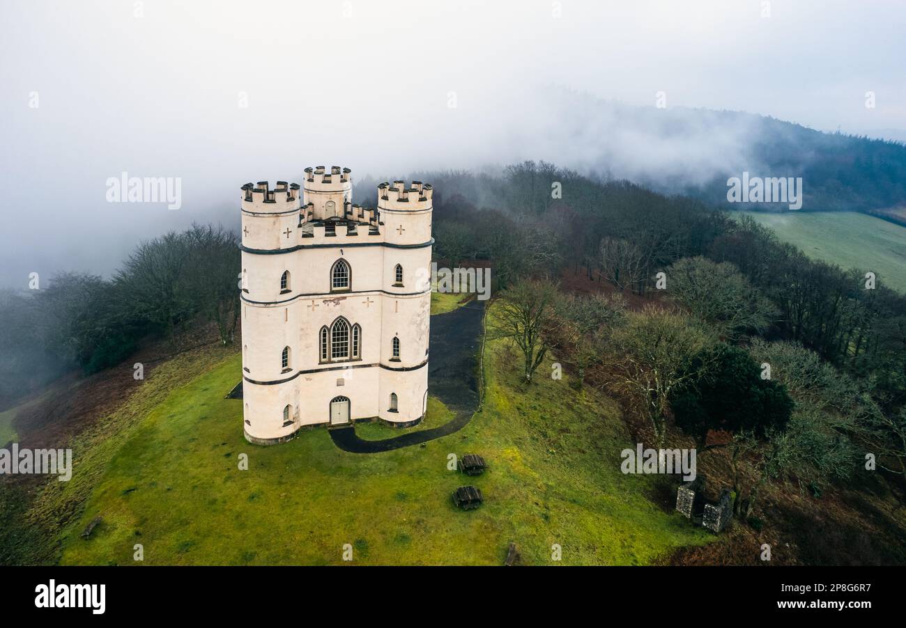 Misty morning over Haldon Belvedere from a drone, Lawrence Castle ...