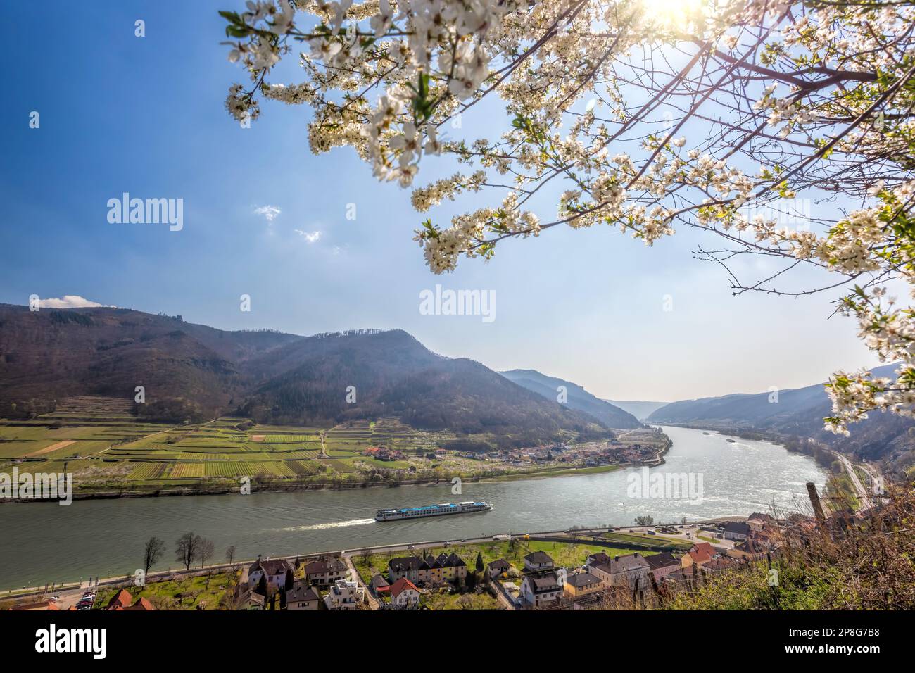 Spitz village with ship on Danube river in Wachau valley (UNESCO ...