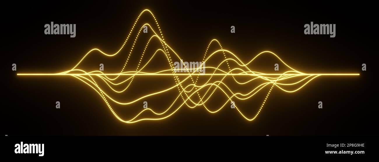 Illustration of yellow 3D abstract wireframe sound waves, visualization ...
