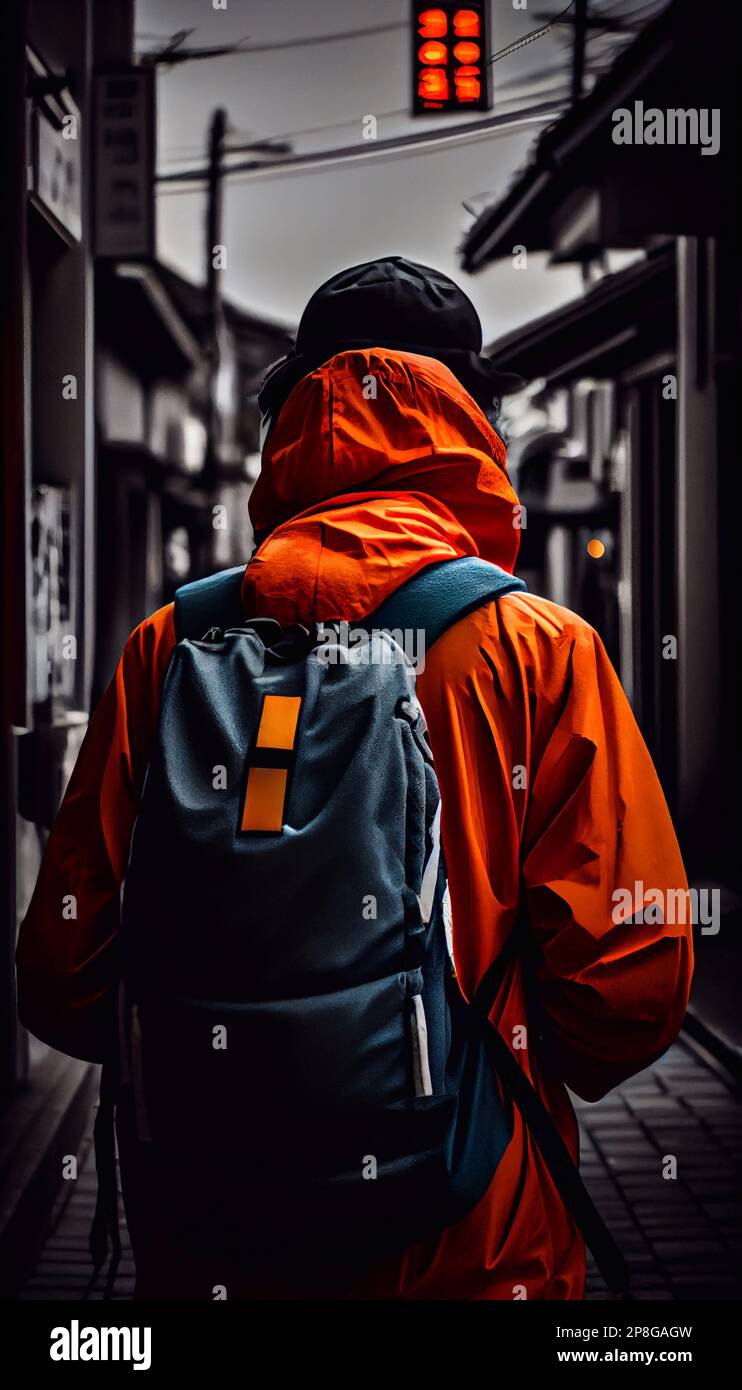 Young traveler back view. Back view of backpacker standing at urban ...