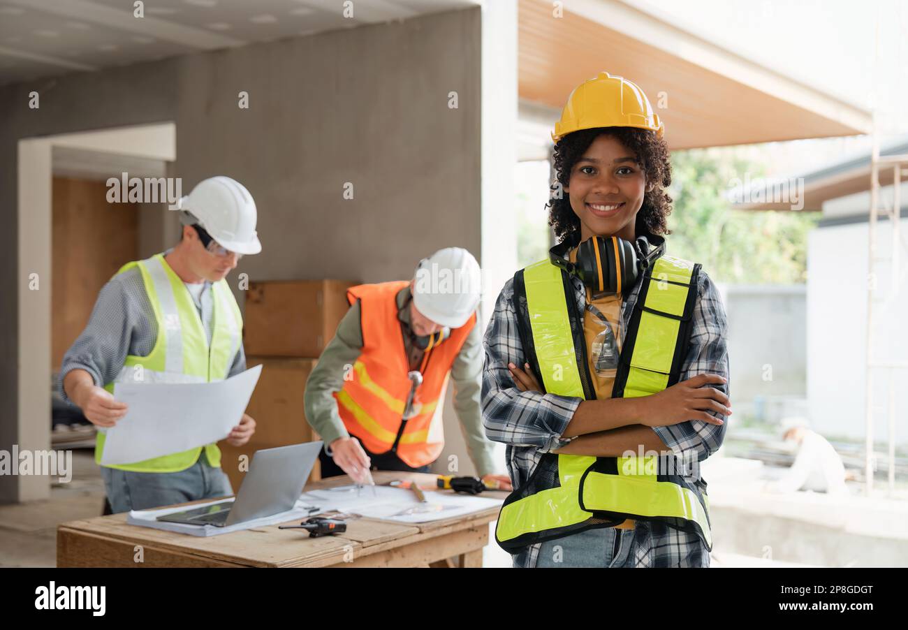 portrait female engineer project manager with construction gear and ...