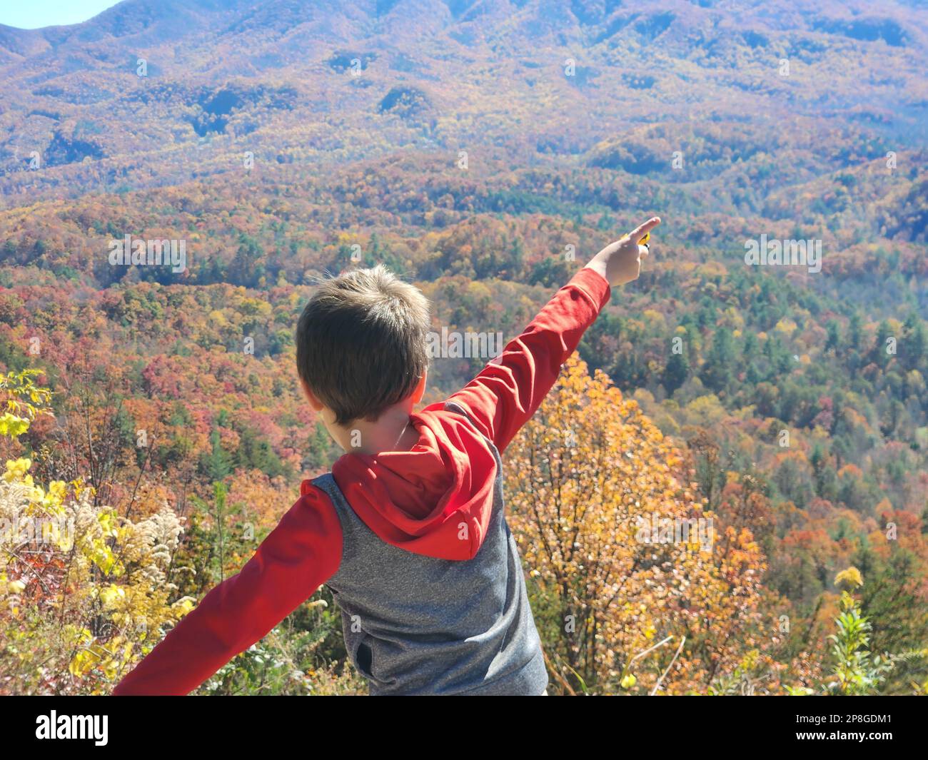 A cheerful young boy stands atop a mountain peak with his arm ...