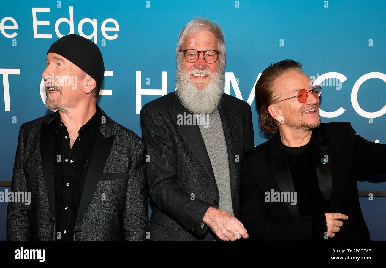 Los Angeles, Ca. 8th Mar, 2023. The Edge, David Letterman and Bono at ...
