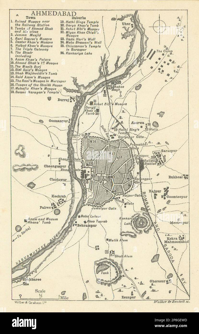 INDIA. Ahmedabad city plan. Palaces mosques temples tombs. Gujarat 1905 ...