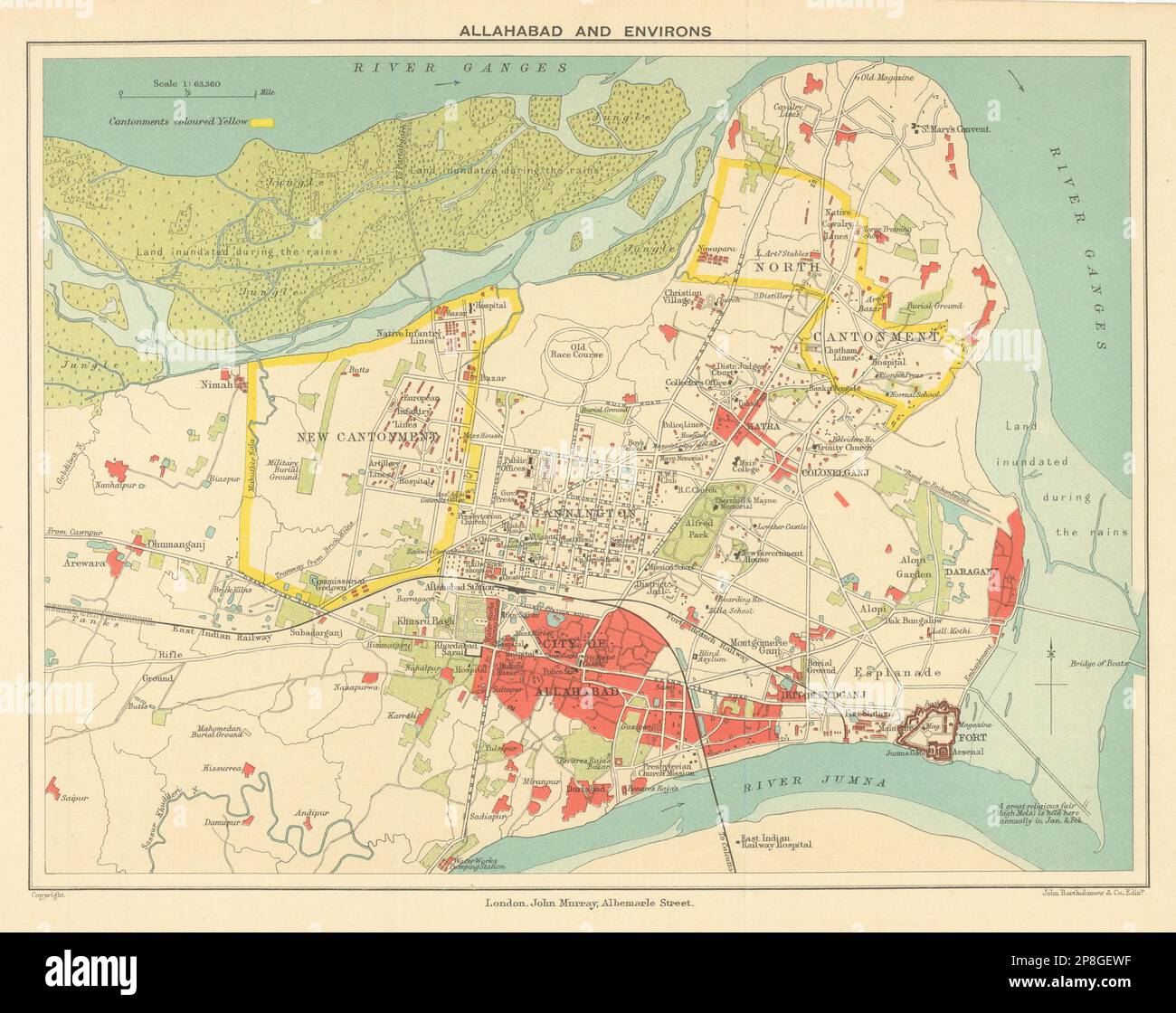 BRITISH INDIA. Allahabad (Prayag) city plan. Cantonment Ganges 1905 old ...