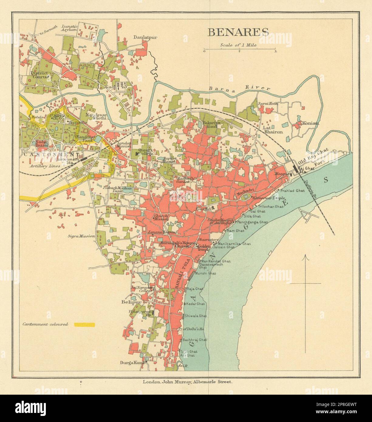 BRITISH INDIA. Benares (Varanasi) city plan.Ganges temples cantonment ...