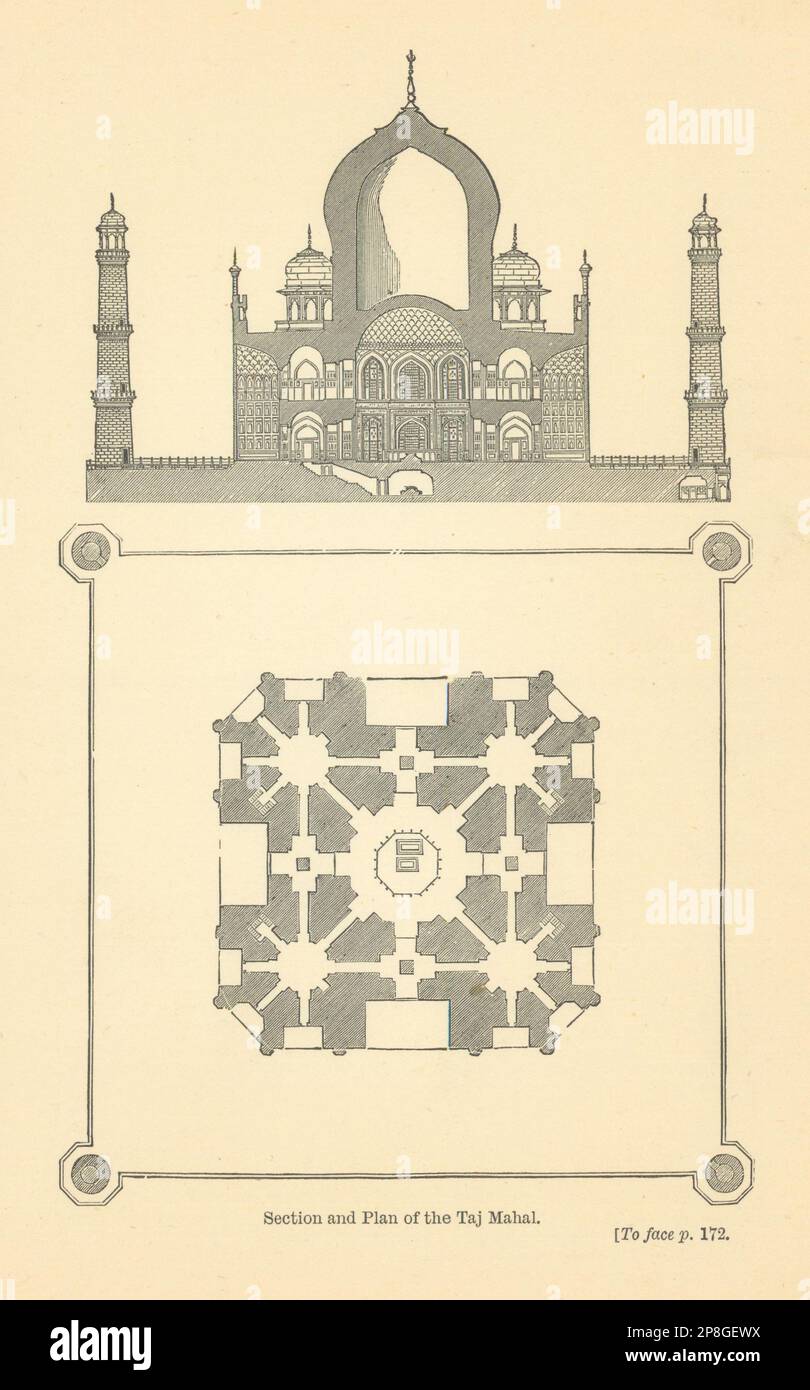 BRITISH INDIA. Section and Plan of the Taj Mahal 1905 old antique print ...