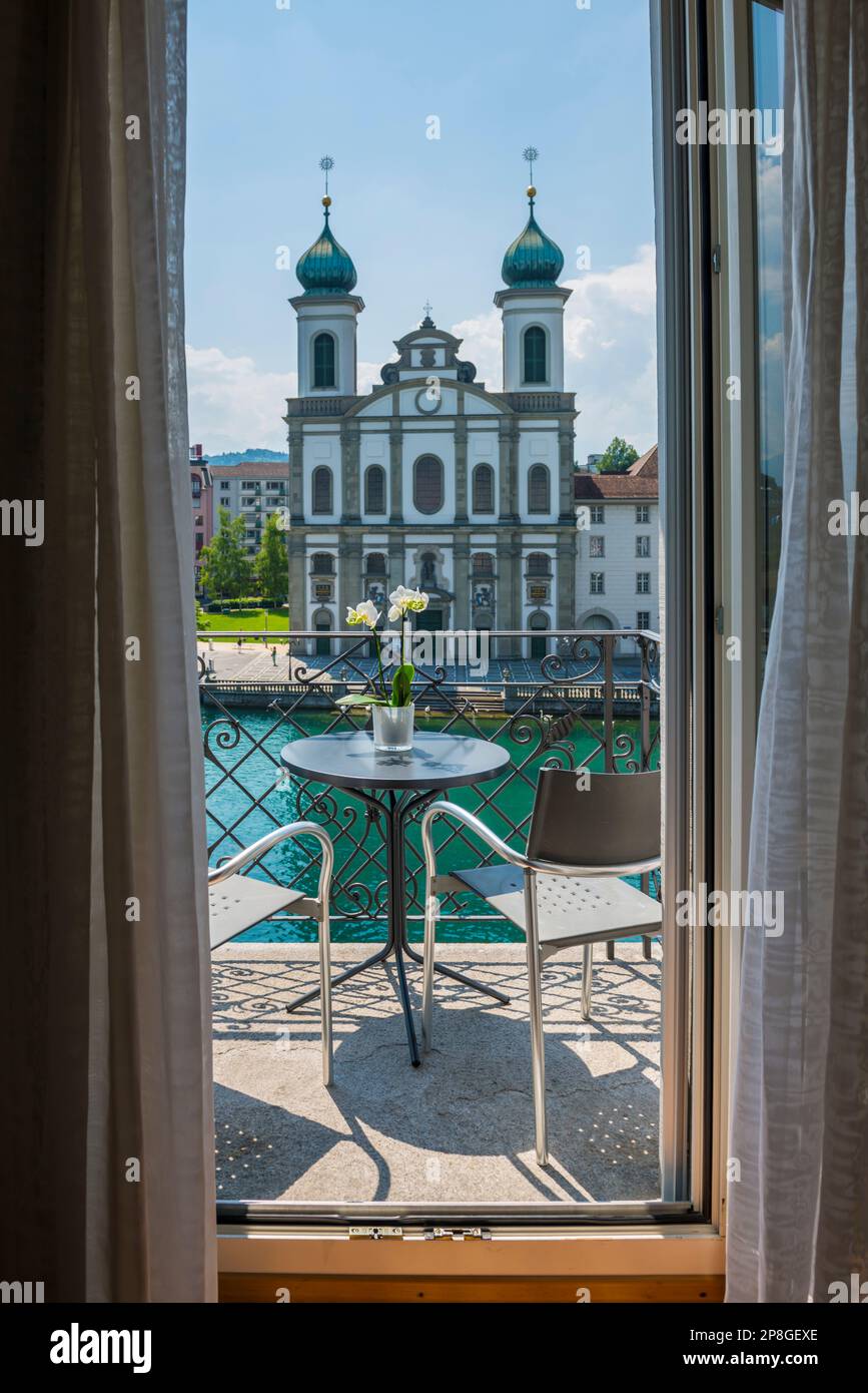 Balcony View over River Reuss with Jesuitenkirche with Blue Sky and ...