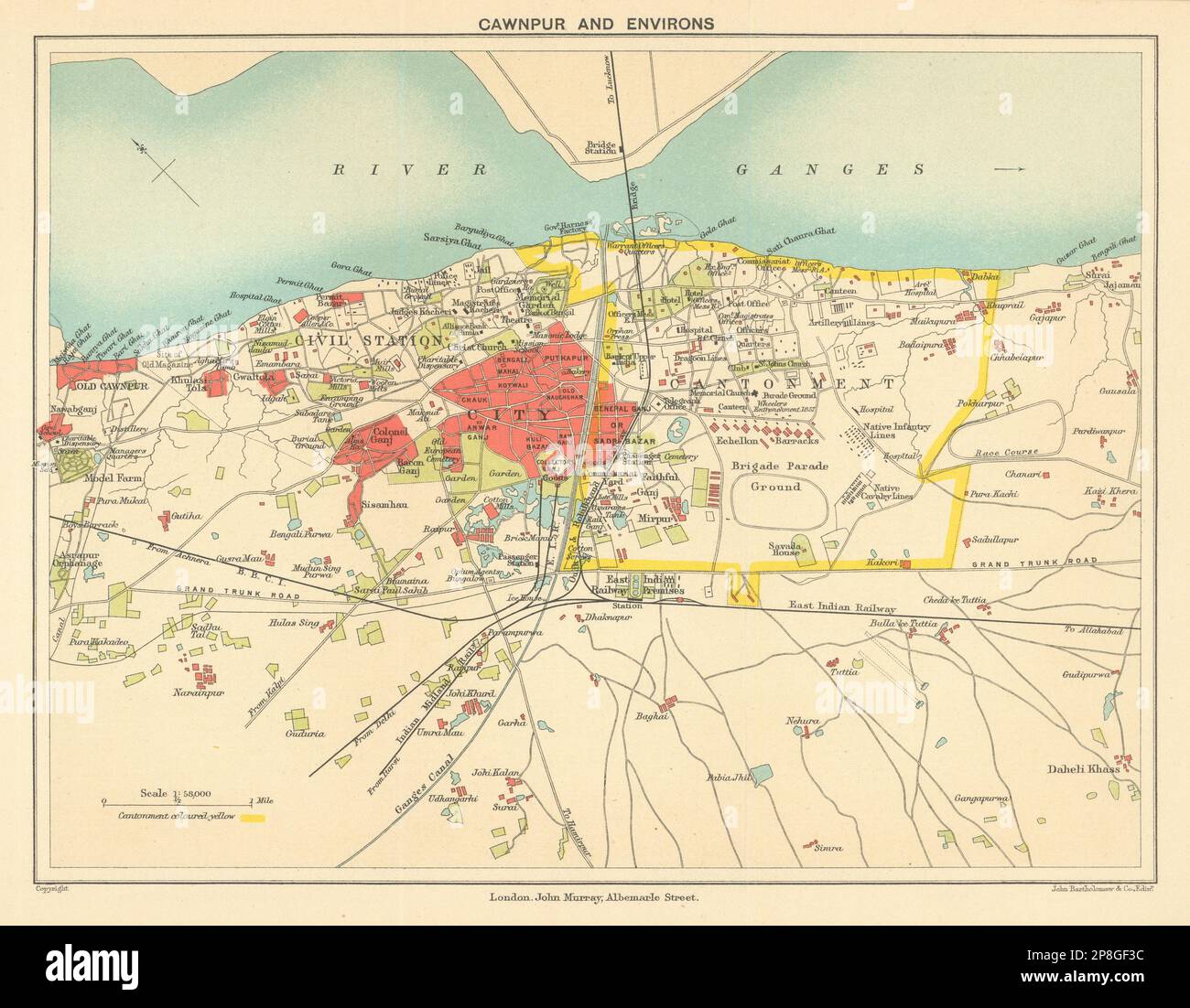 BRITISH INDIA. Cawnpur (Kanpur) city plan showing cantonment 1905 old ...