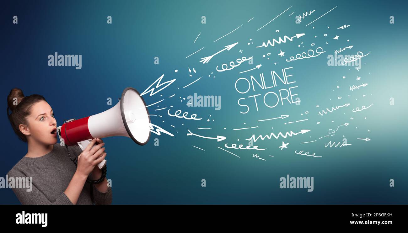 Young girl screaming to megaphone Stock Photo - Alamy