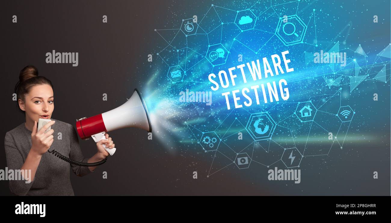 Young woman shouting in megaphone, technology announcement concept ...