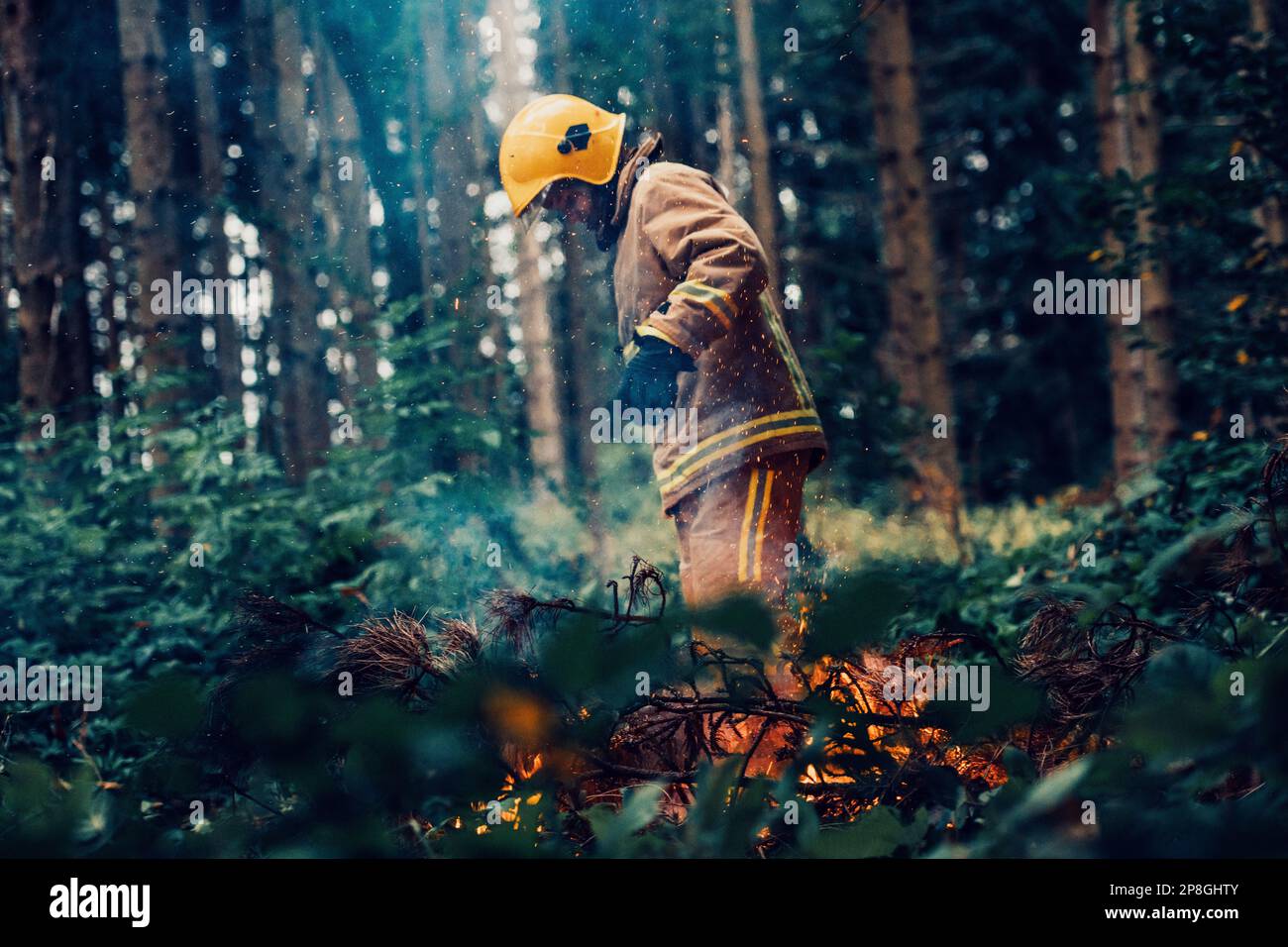 firefighter hero in action danger jumping over fire flame to rescue and ...
