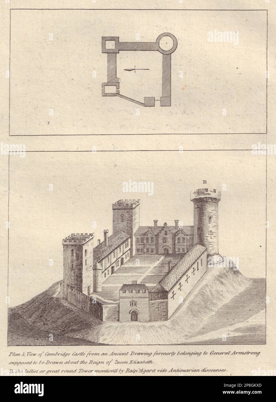 Plan & View of Cambridge Castle, Cambridgeshire. GROSE 1776 old antique ...