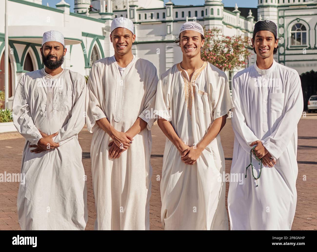 Happy, hajj and Muslim men at a mosque to pray, ramadan faith and group ...