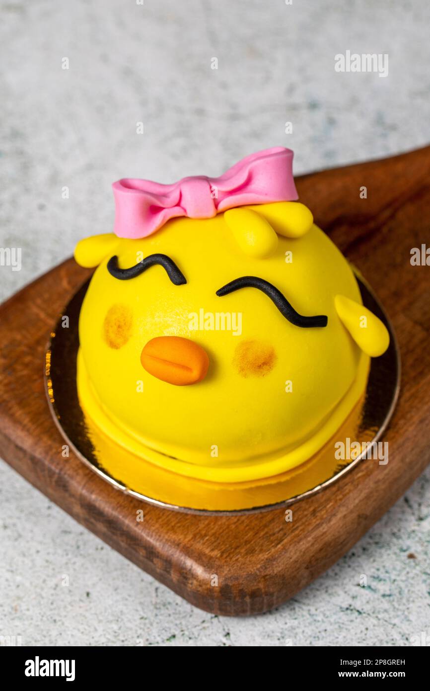 Special design bird shaped cake. Design cake for kids on gray ...