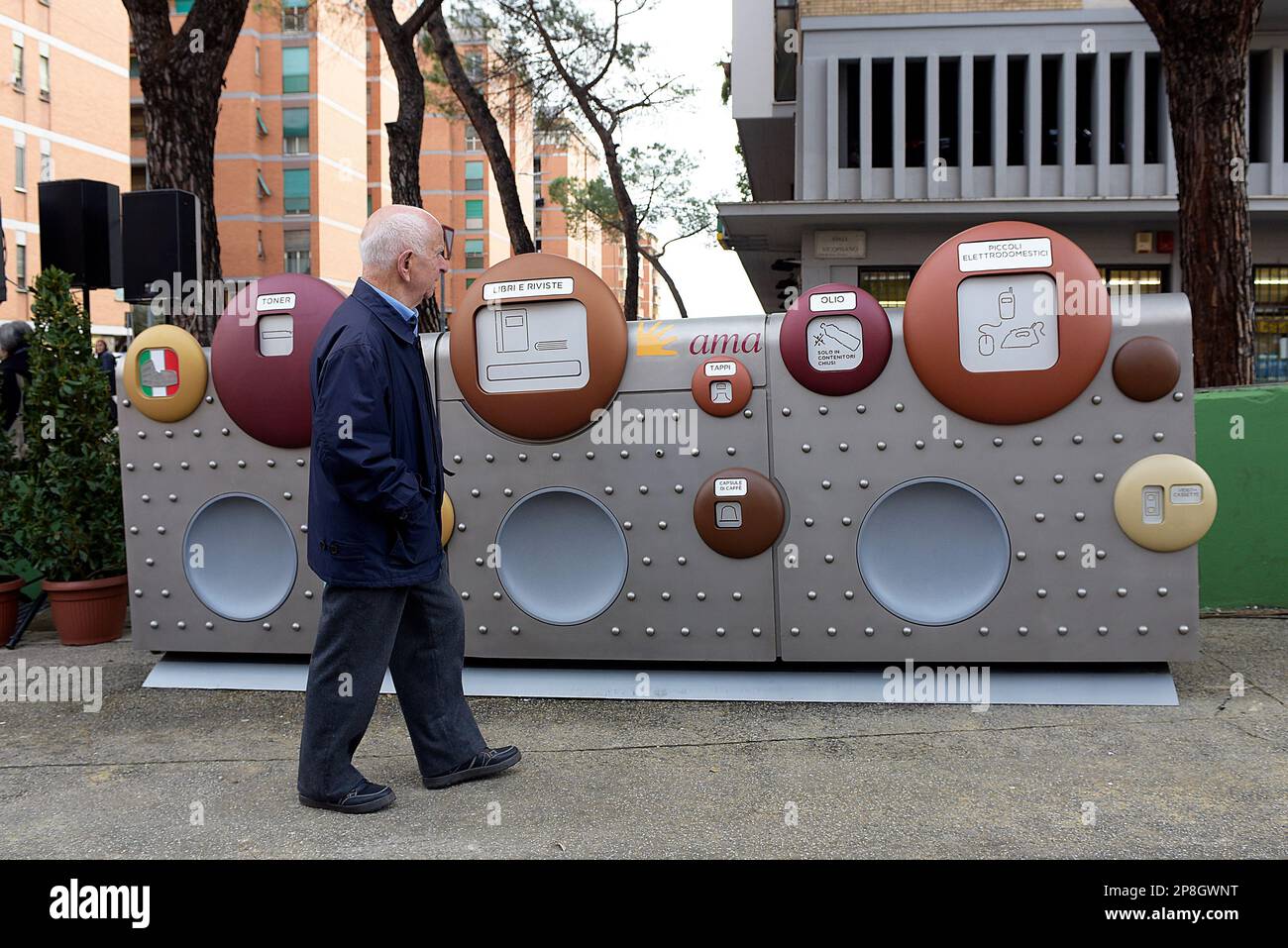 Rome, Italy. 09th Mar, 2023. An old man observes the new bin for the ...