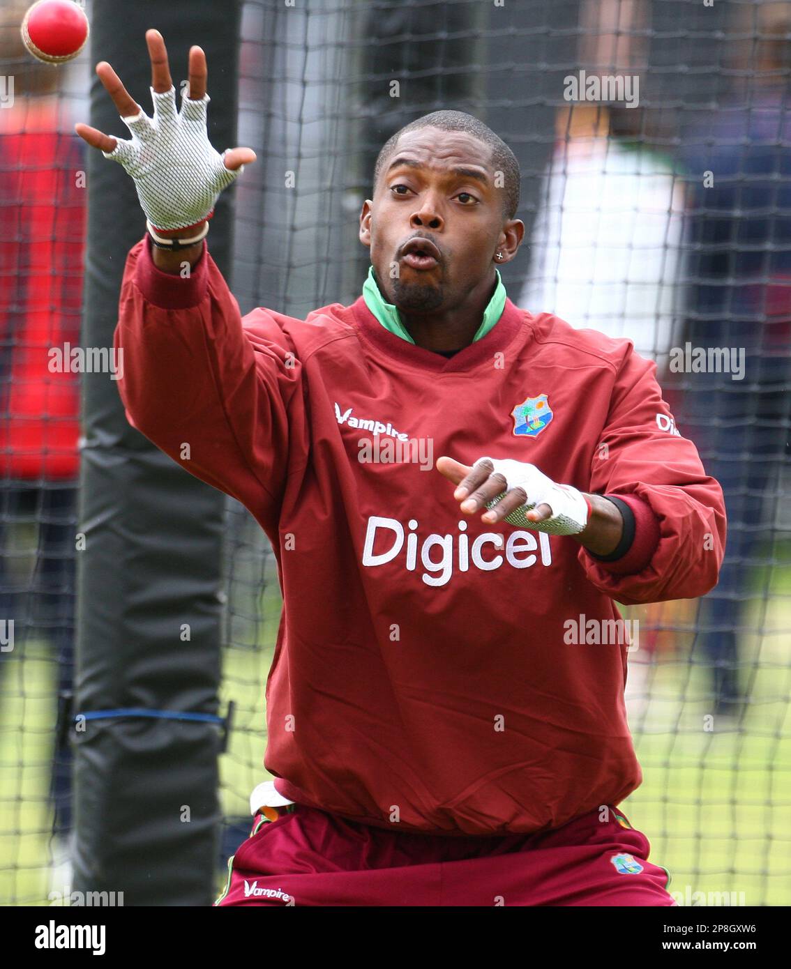 West Indies David Bernard catches a ball during net practice at Lord's ...