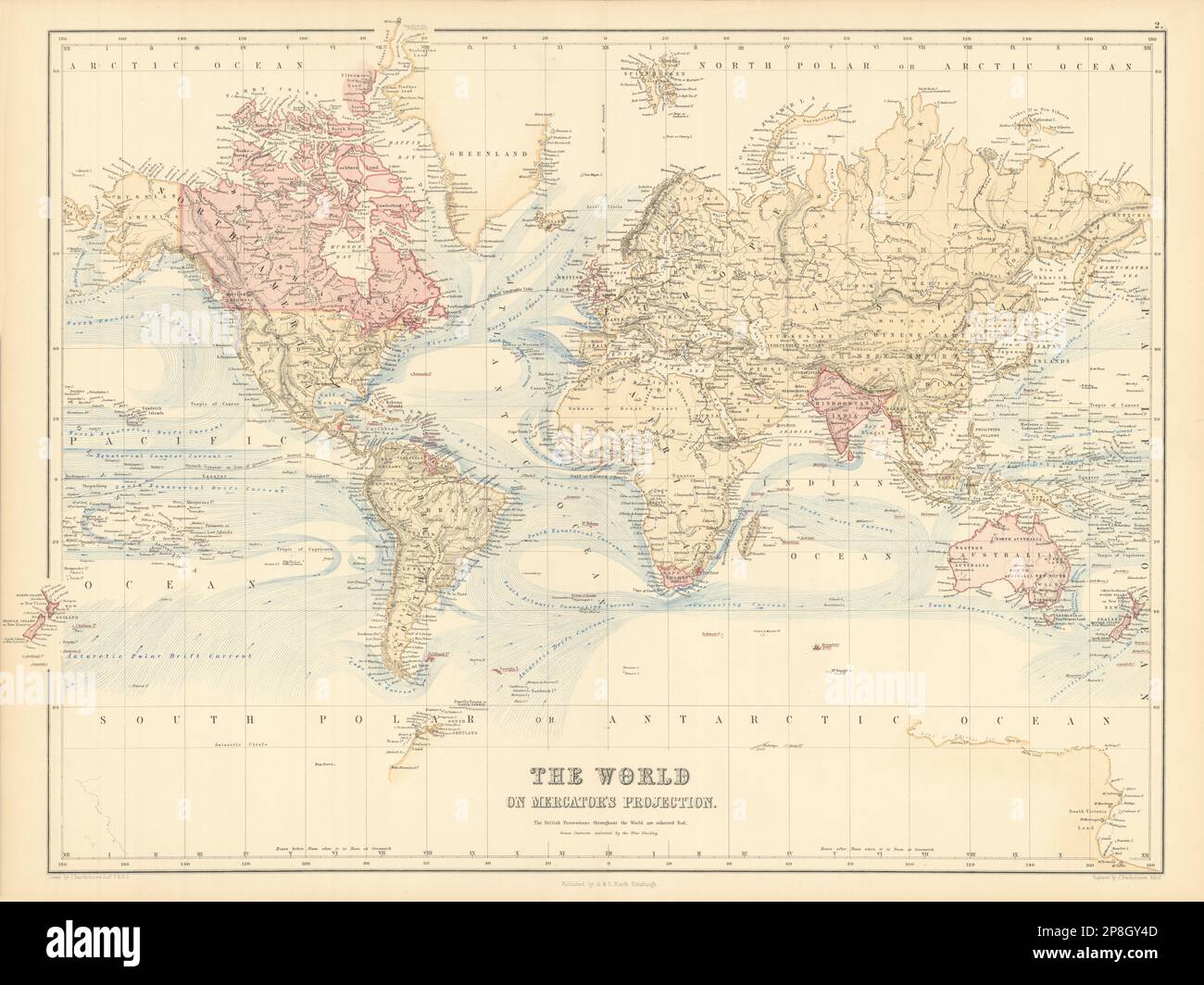 World on Mercator's Projection showing the British Empire. BARTHOLOMEW 1862 map Stock Photo - Alamy