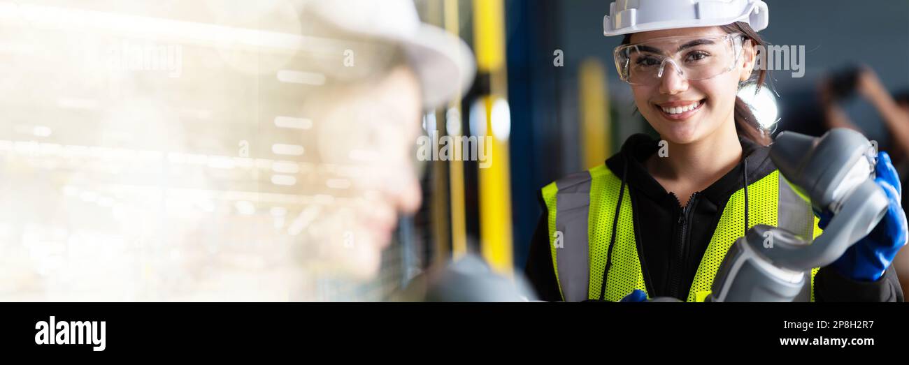 web banner A team of female engineers meeting to inspect computer ...