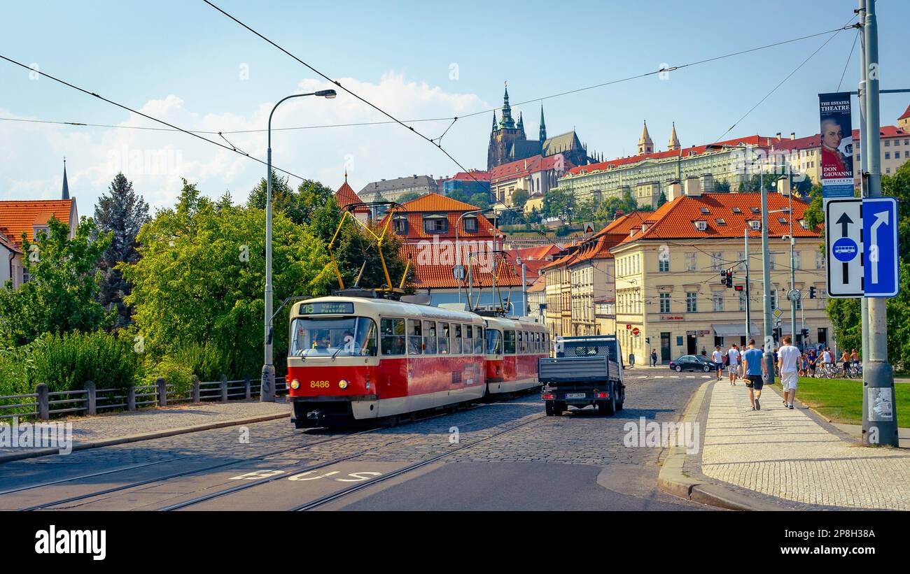 Prague, Czech Republic - Old fashioned tram with historical buildings ...