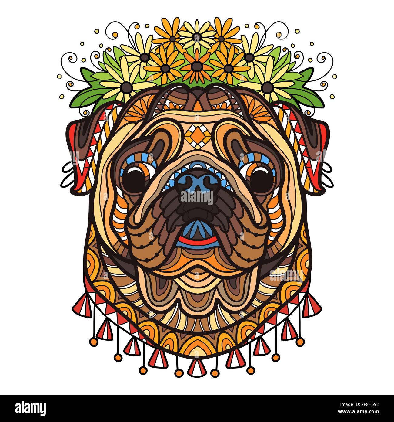 Abstract dog with decorative ornaments and doodle elements. Close up ...