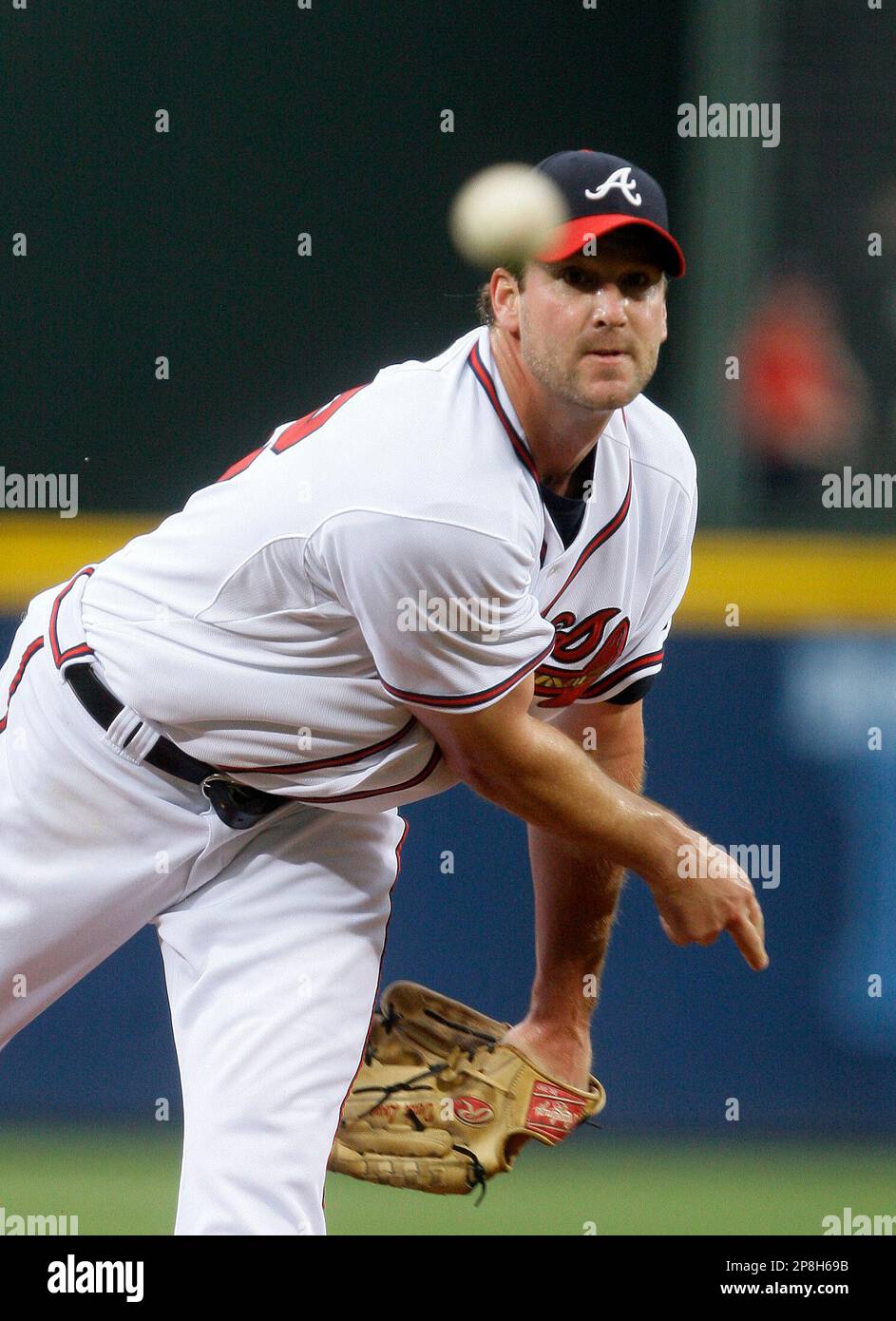 Atlanta Braves starter Derek Lowe works in the first inning of a ...
