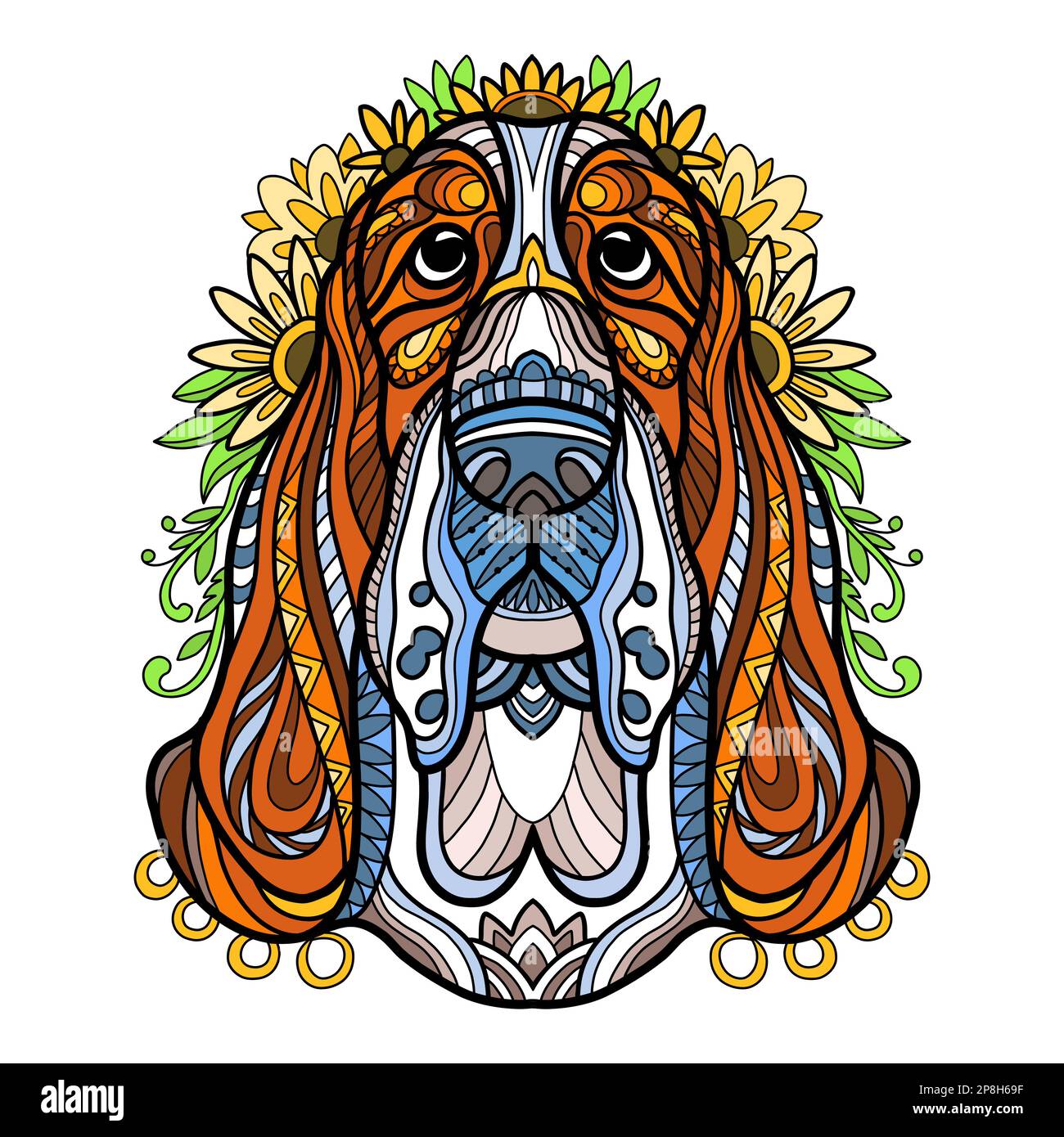 Abstract dog with decorative ornaments and doodle elements. Close up ...