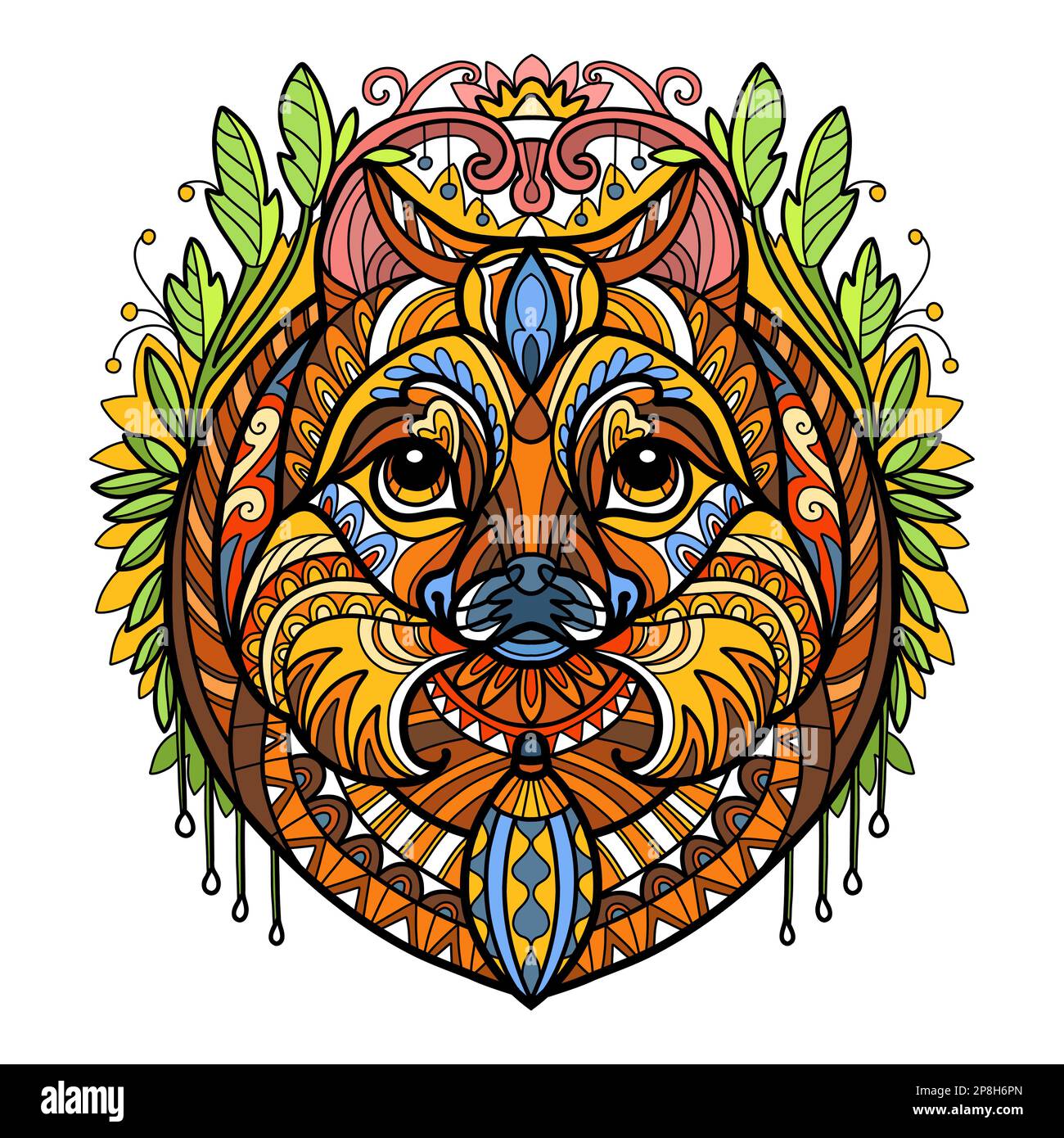 Abstract dog with decorative ornaments and doodle elements. Close up ...
