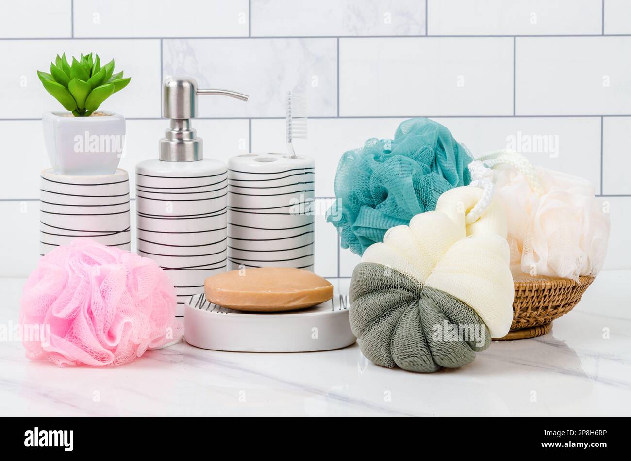 Herb soap, shower sponge and shampoo pump bottle inside a bright ...